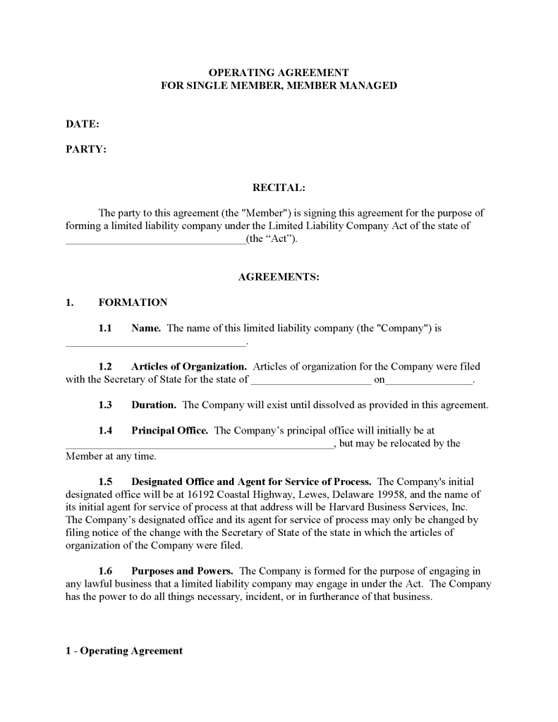 Free Single-Member LLC Operating Agreement Template - Secretary of ...