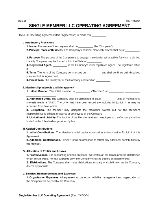 Free Single-Member LLC Operating Agreement Template - Secretary of ...