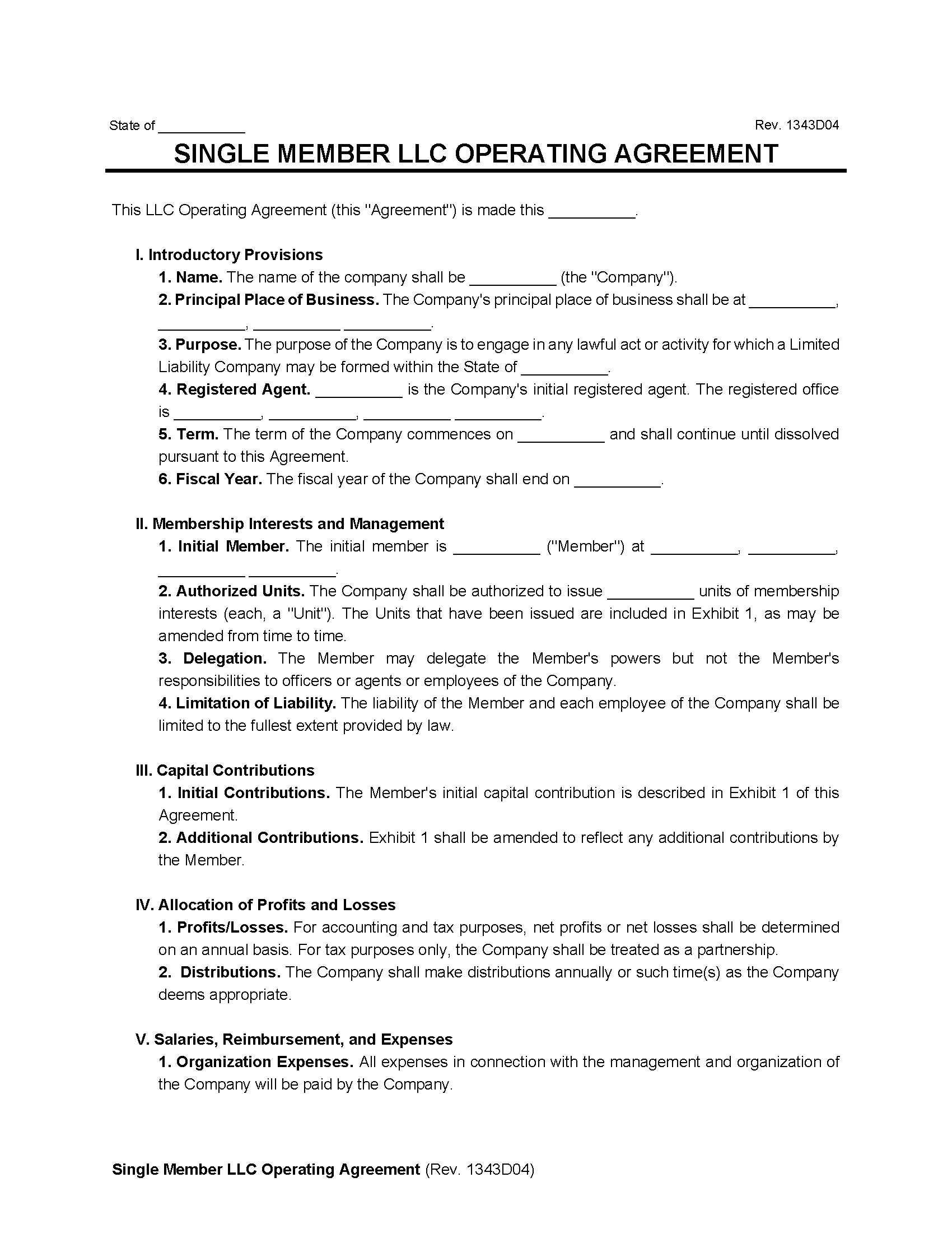 Free Single-Member LLC Operating Agreement Template - Secretary of ...