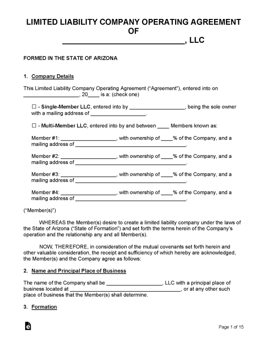 Free Arizona LLC Operating Agreement Templates (2) - Secretary of State ...