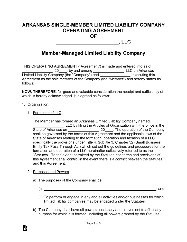 Free Arkansas LLC Operating Agreement Templates (2) - Secretary of ...