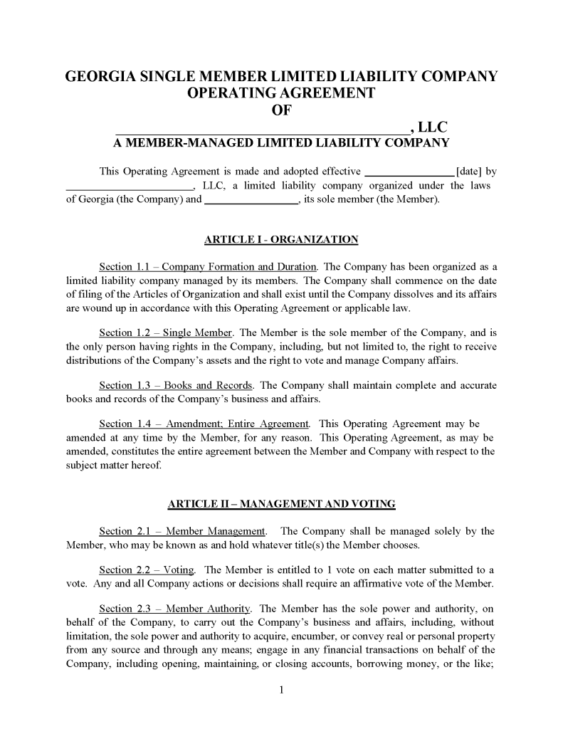 Free Georgia Single-Member LLC Operating Agreement Template - Secretary ...