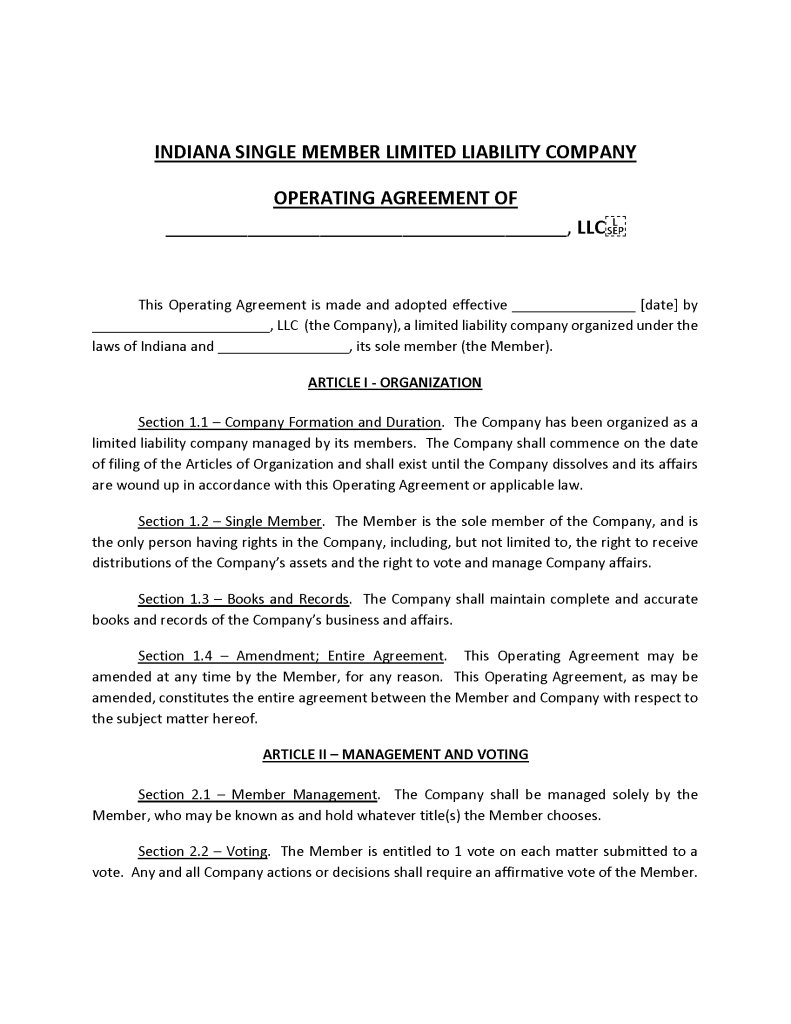 Free Indiana Single-Member LLC Operating Agreement Template - Secretary ... Free Indiana Single-Member LLC Operating Agreement Template - Secretary ...