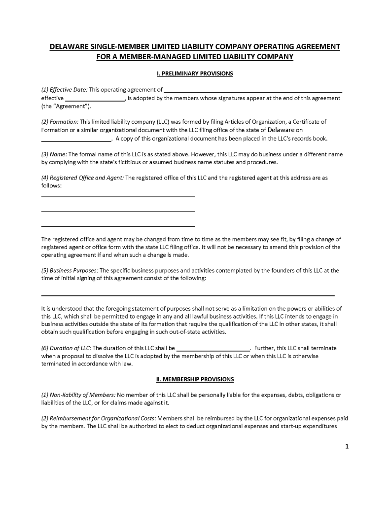 Free Delaware Single-Member LLC Operating Agreement Template - Secretary of State | PDF | WORD