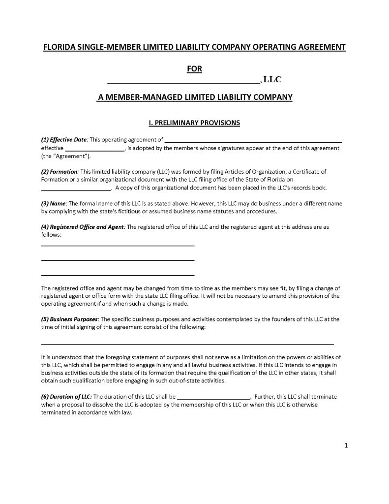 Free Florida Single-Member LLC Operating Agreement - Secretary of State ...