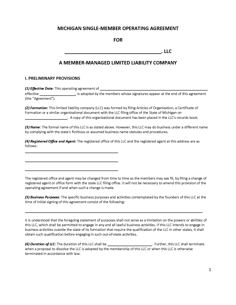 Free Michigan Single-Member LLC Operating Agreement Template ...