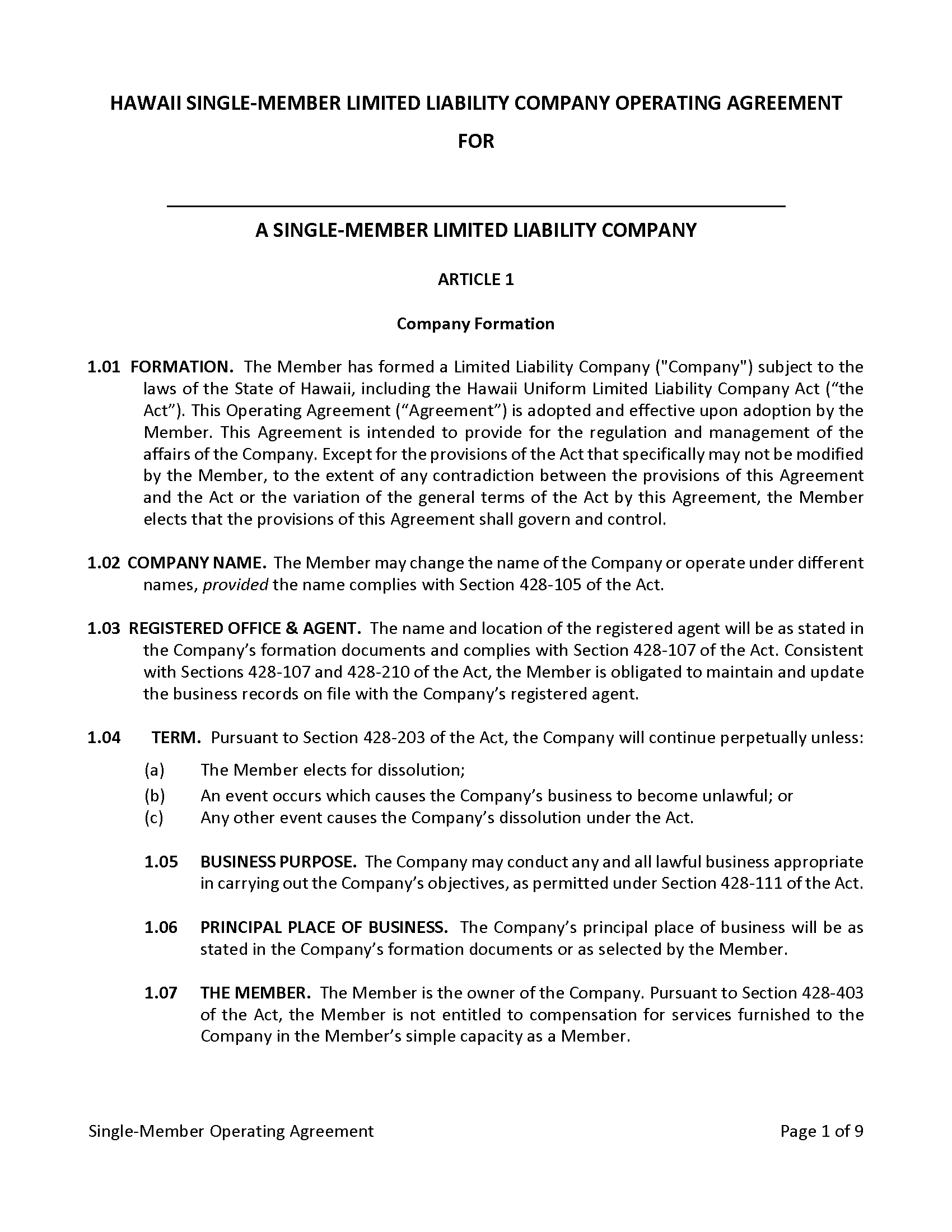 Free Hawaii LLC Operating Agreement Templates (2) - Secretary of State ...