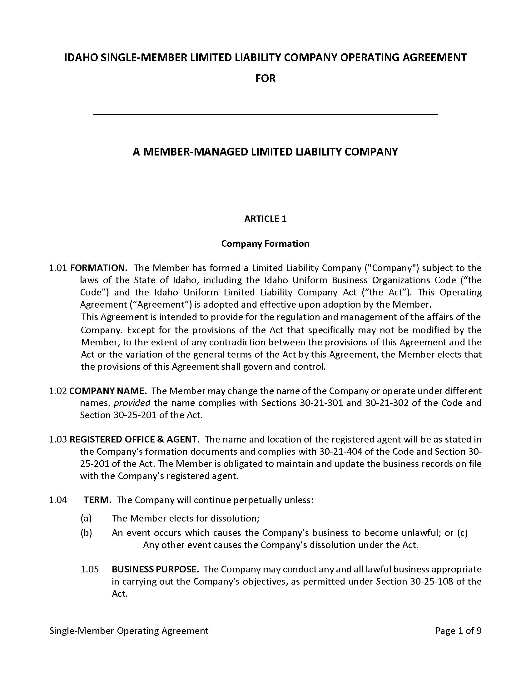 Free Idaho LLC Operating Agreement Templates (2) - Secretary of State ... Free Idaho LLC Operating Agreement Templates (2) - Secretary of State ...