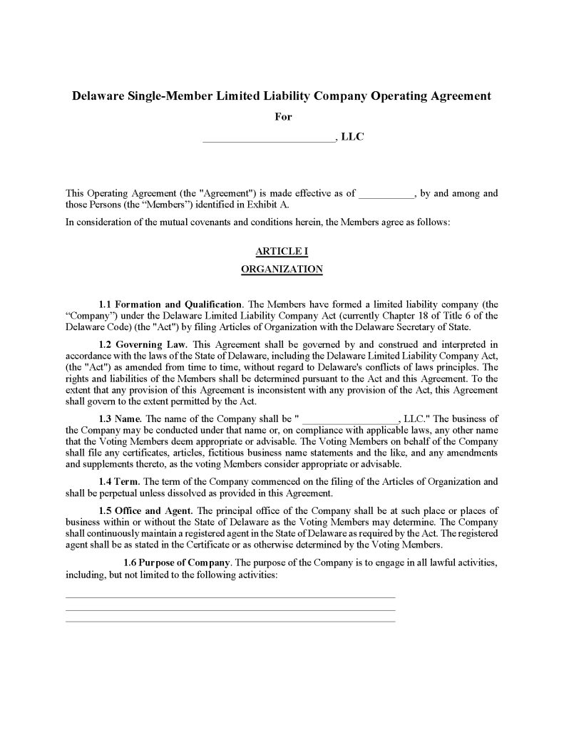 Free Delaware Single-Member LLC Operating Agreement Template ...