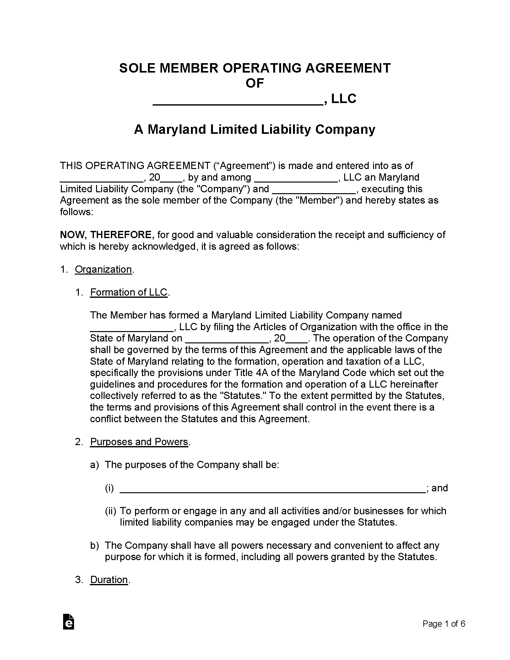Free Maryland LLC Operating Agreement Templates (2) - Secretary of ...