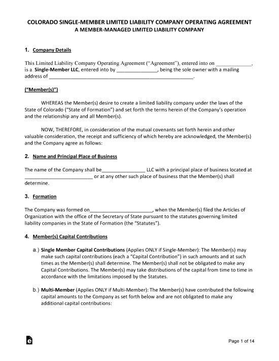 Free Colorado Single-Member Operating Agreement Template - Secretary of ...