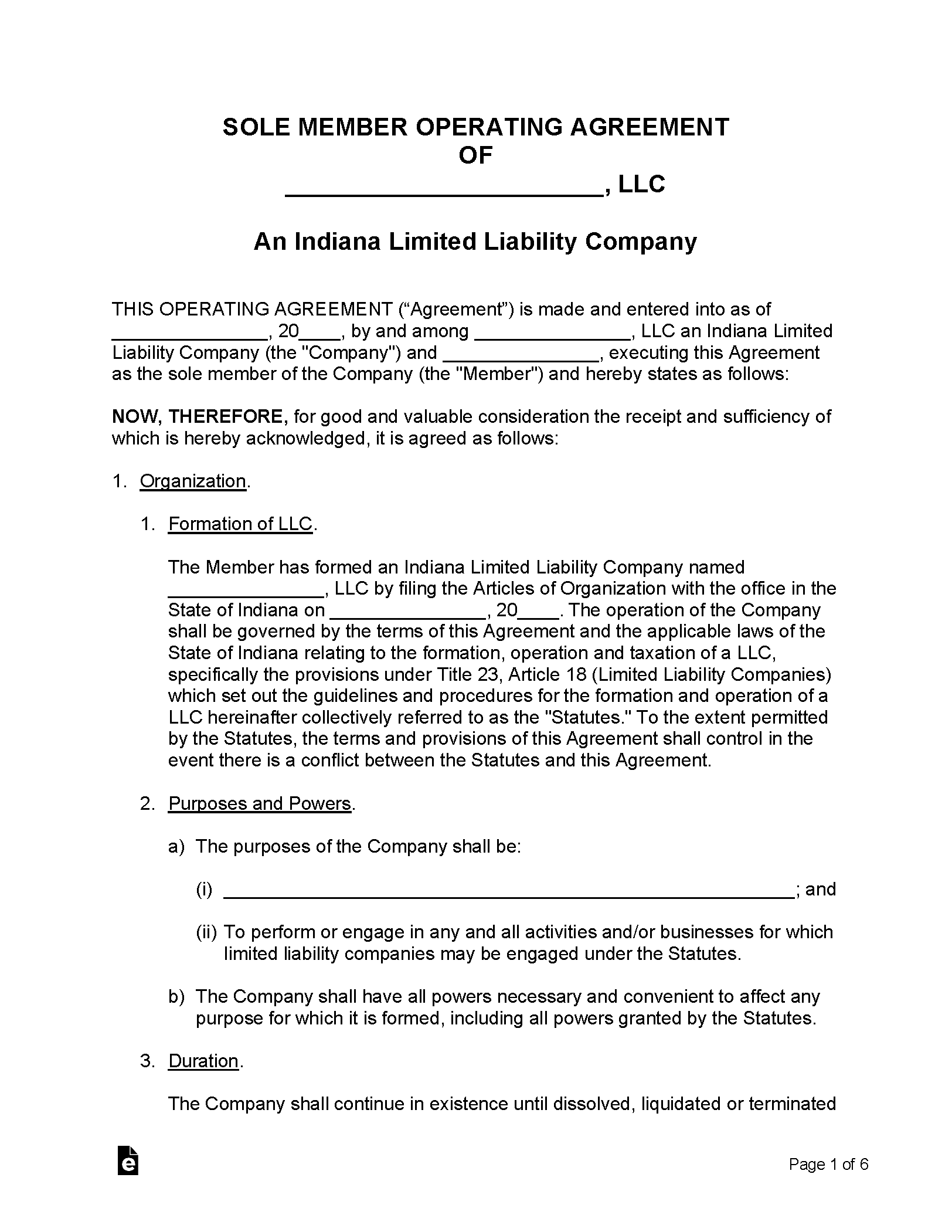 Free Indiana LLC Operating Agreement Templates (2) - Secretary of State ...