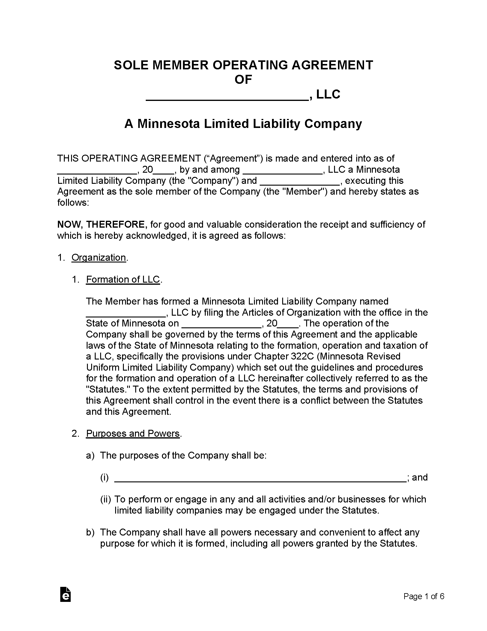 Free Minnesota LLC Operating Agreement Templates (2) - Secretary of ...