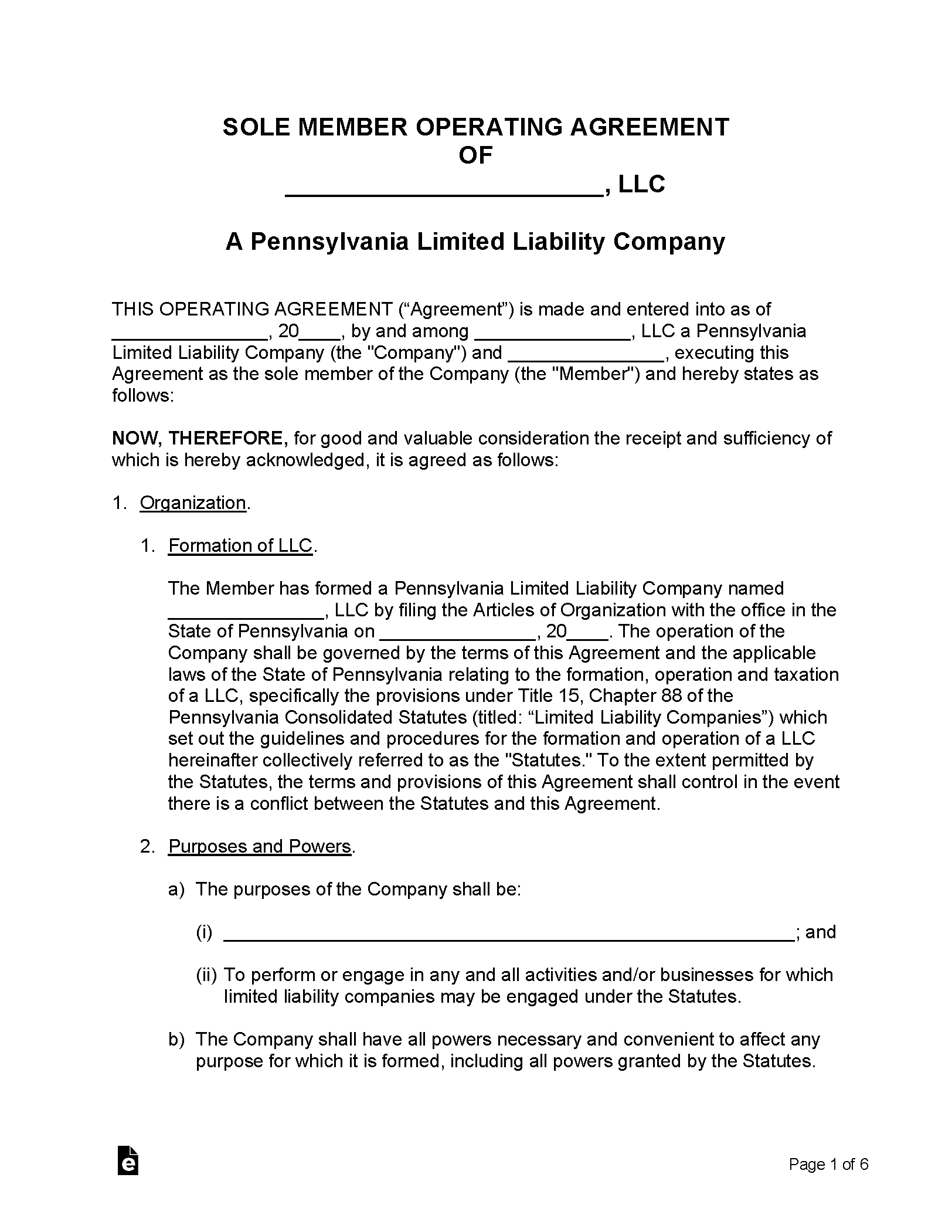 Free Pennsylvania LLC Operating Agreement Templates (2) - Secretary of ...