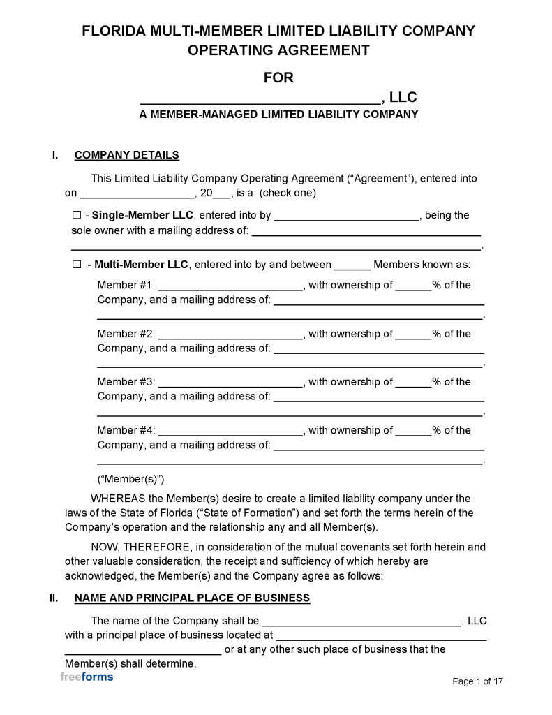 Free Florida Multi-Member LLC Operating Templates (5) - Secretary of ...