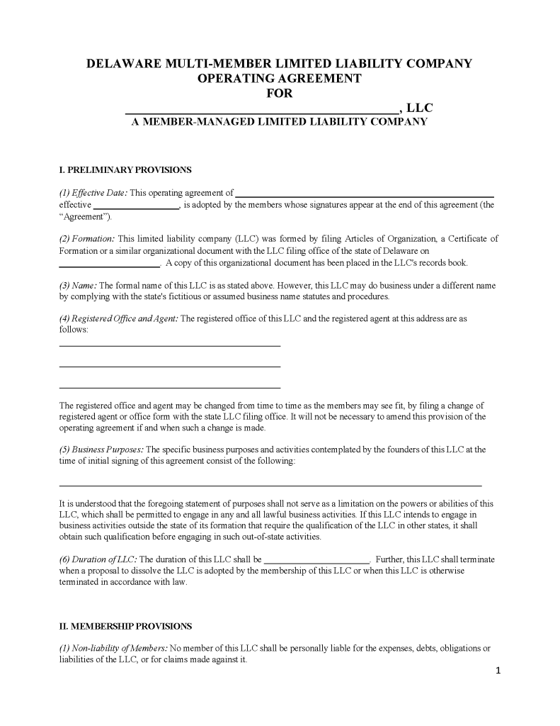 Free Delaware Multi-Member LLC Operating Agreement Templates (5 ...