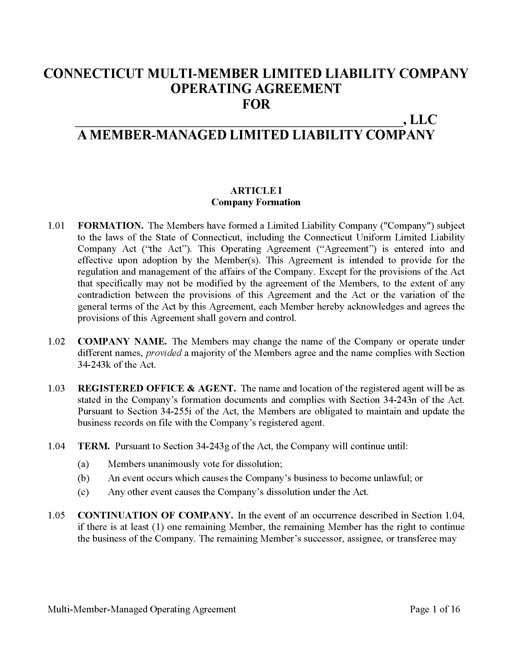 Free Connecticut Multi-Member LLC Operating Agreement Templates (4 ...