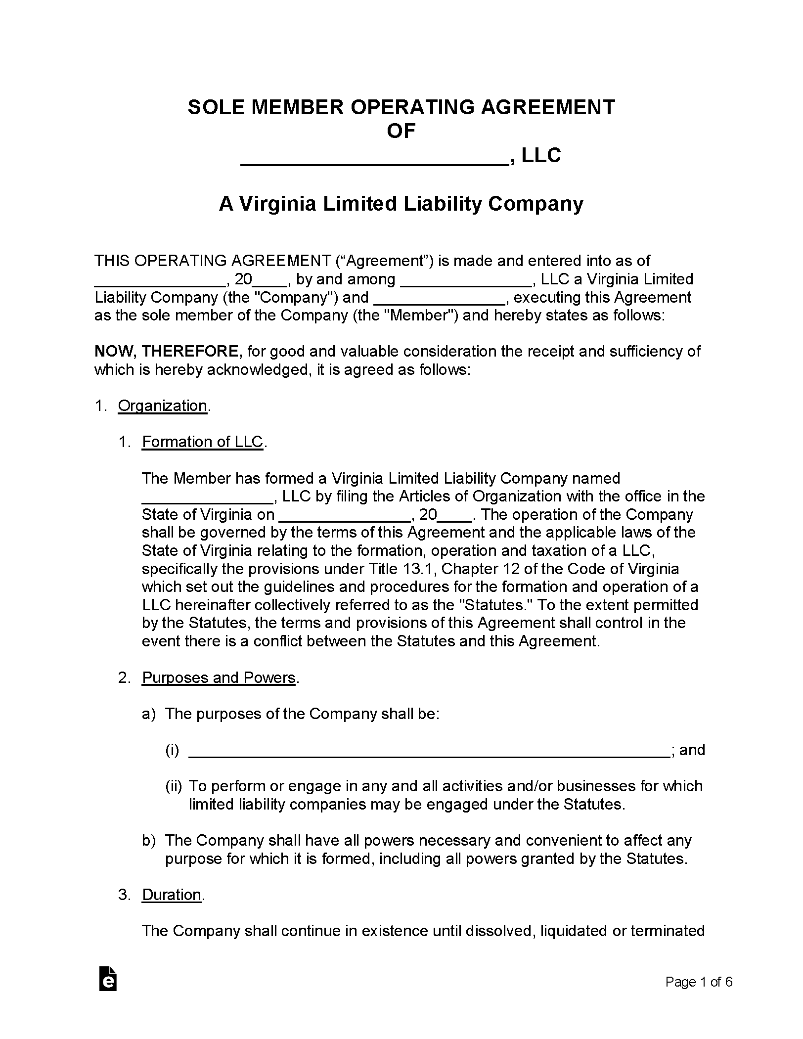 Free Virginia LLC Operating Agreement Templates (2) - Secretary of ...