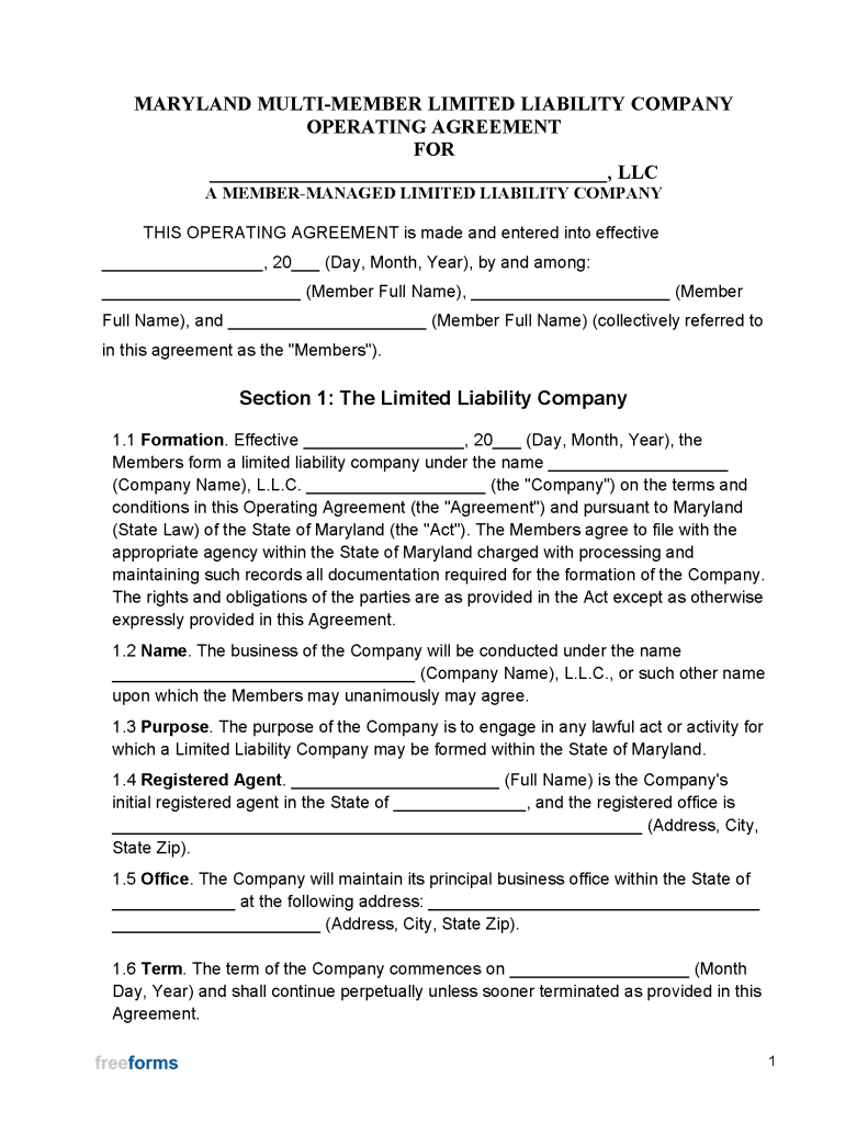 Free Maryland Multi-Member LLC Operating Agreement Templates (5 ...