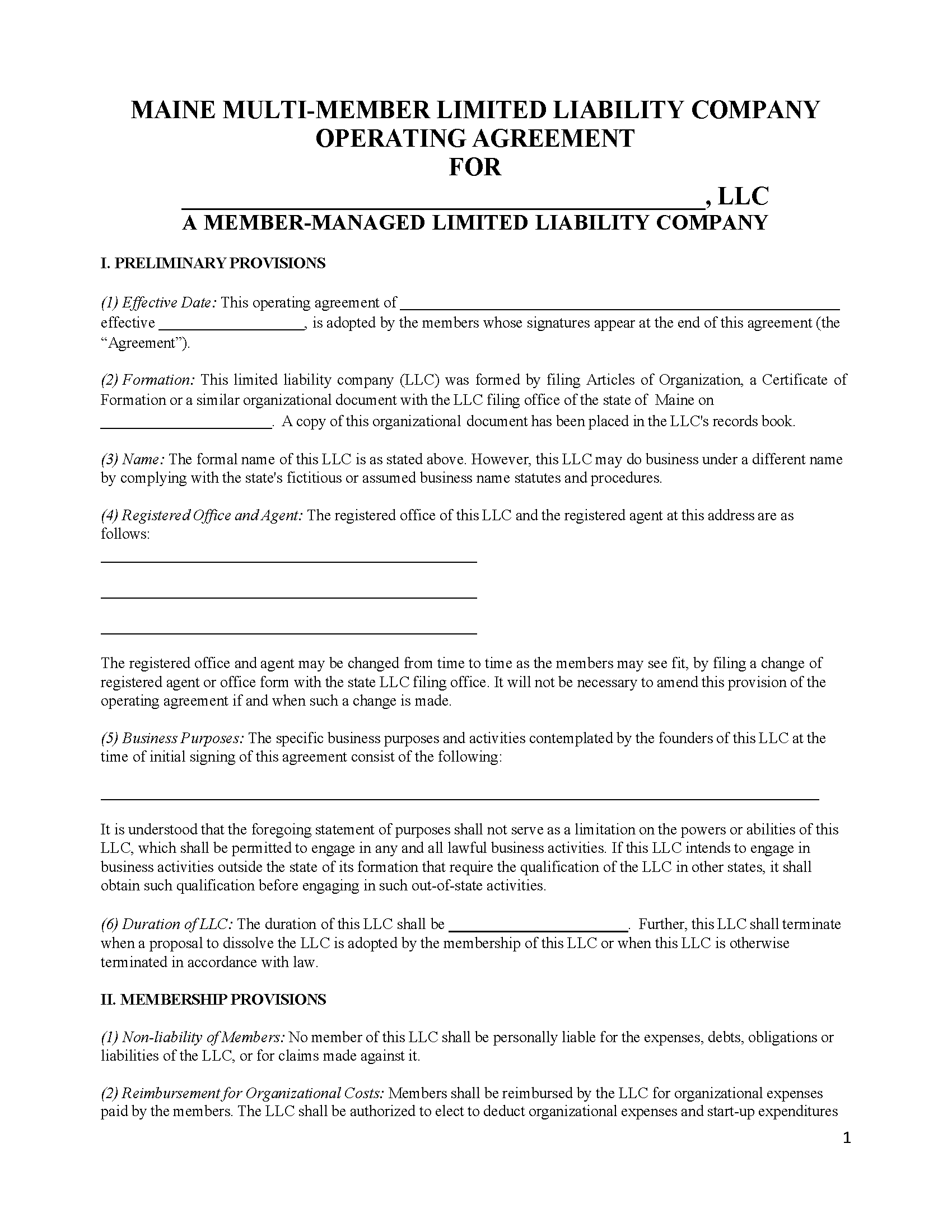 Free Maine Multi-Member LLC Operating Agreement Templates (4 ...