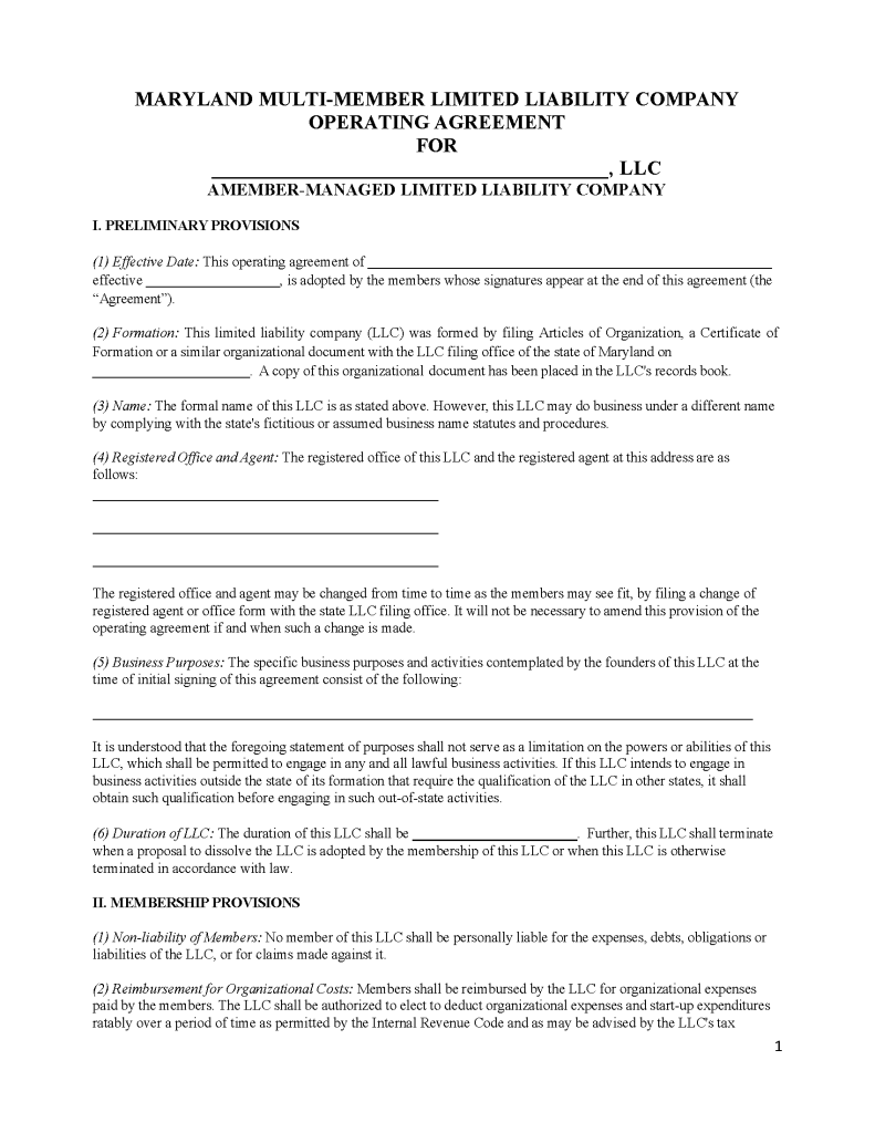 Free Maryland Multi-Member LLC Operating Agreement Templates (5 ...