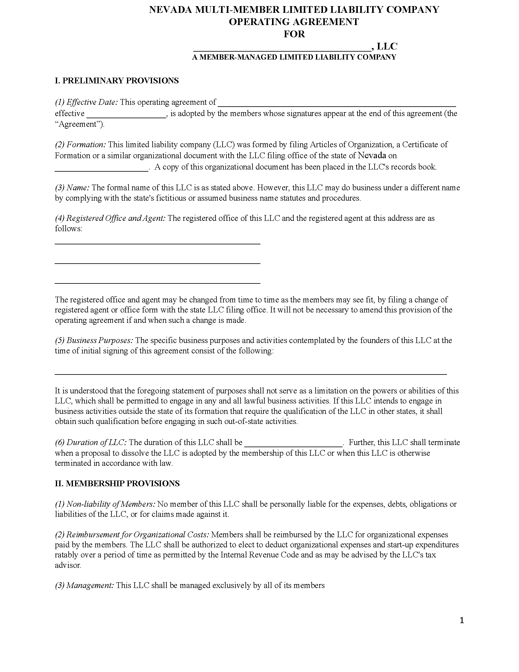 Free Nevada Multi-Member LLC Operating Agreements (5) - Secretary of ...
