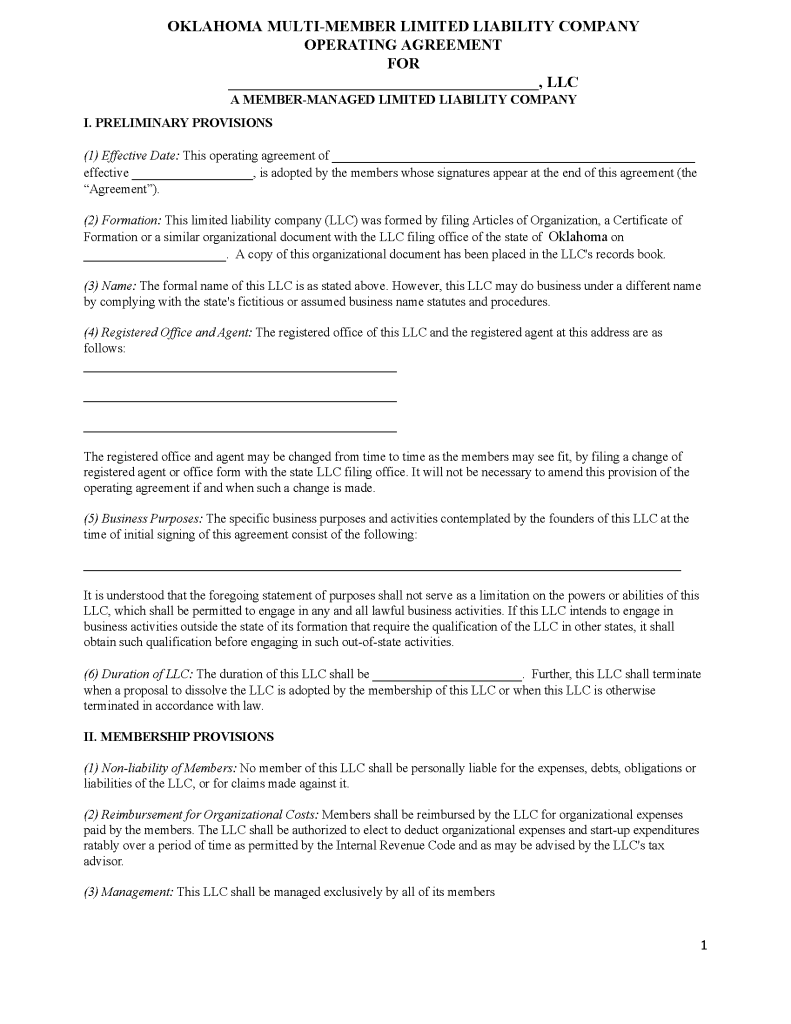 Free Oklahoma Multi-Member LLC Operating Agreement Templates (5 ...