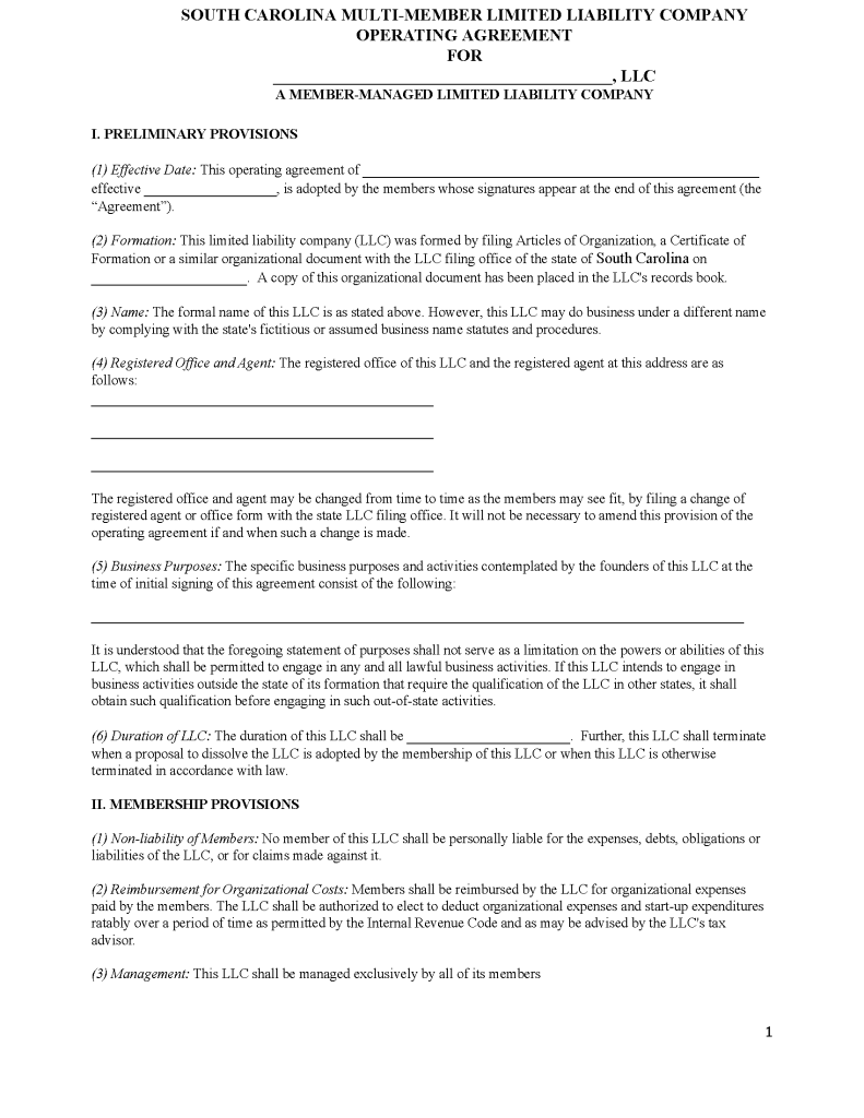 Free South Carolina Multi-Member LLC Operating Agreement Templates (5 ...