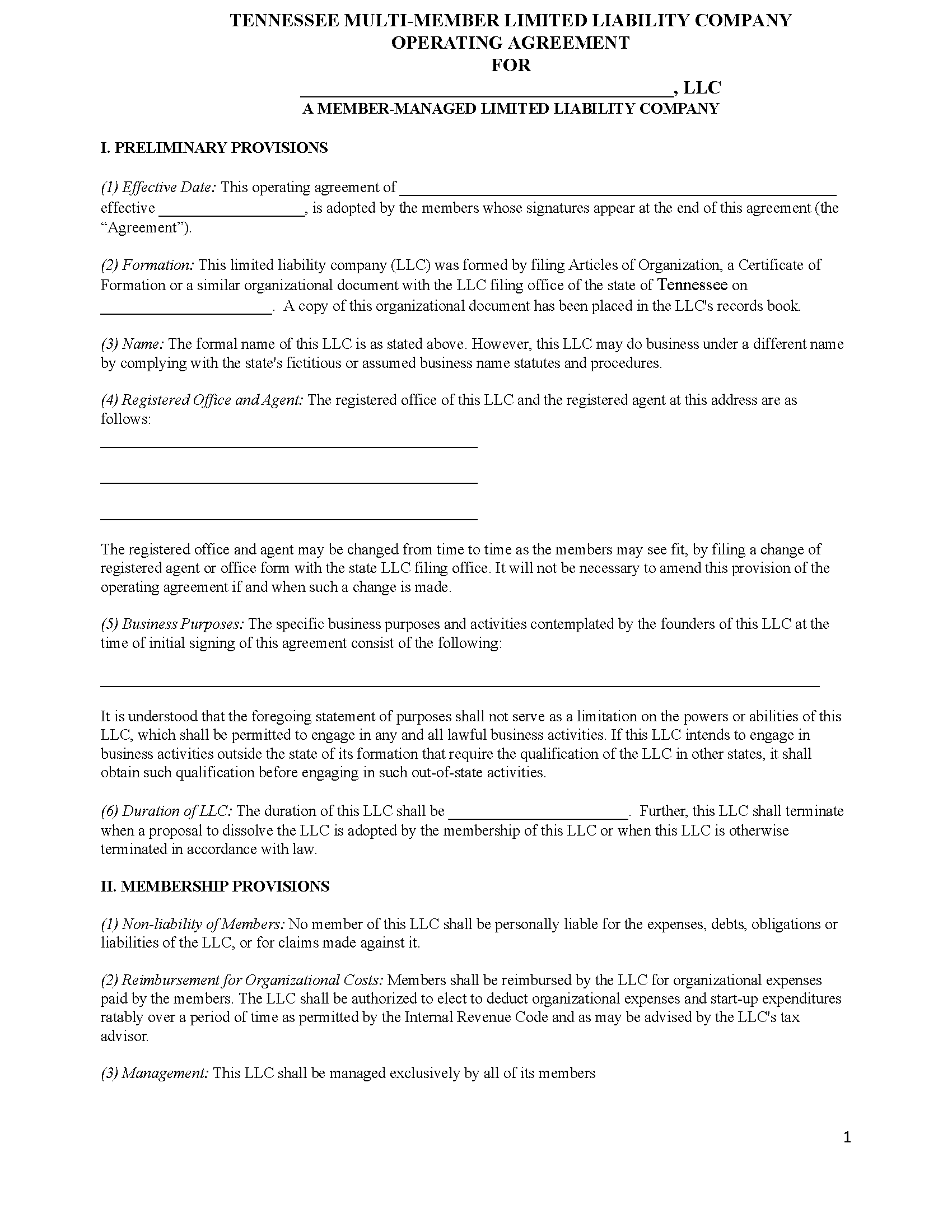 Free Tennessee Multi-Member LLC Operating Agreement Templates (5 ...