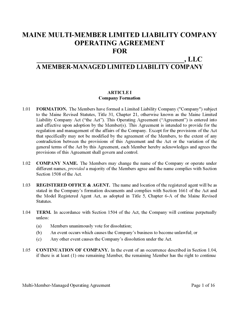 Free Maine Multi-Member LLC Operating Agreement Templates (4 ...