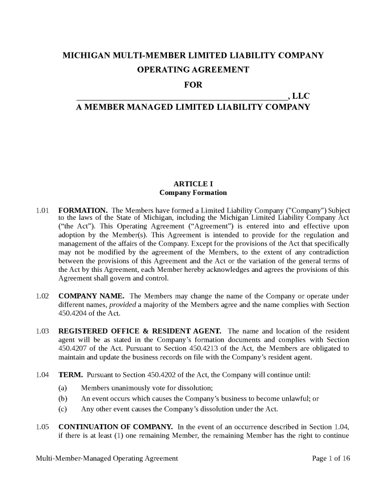 Free Michigan Multi-Member LLC Operating Agreement Templates (5 ...