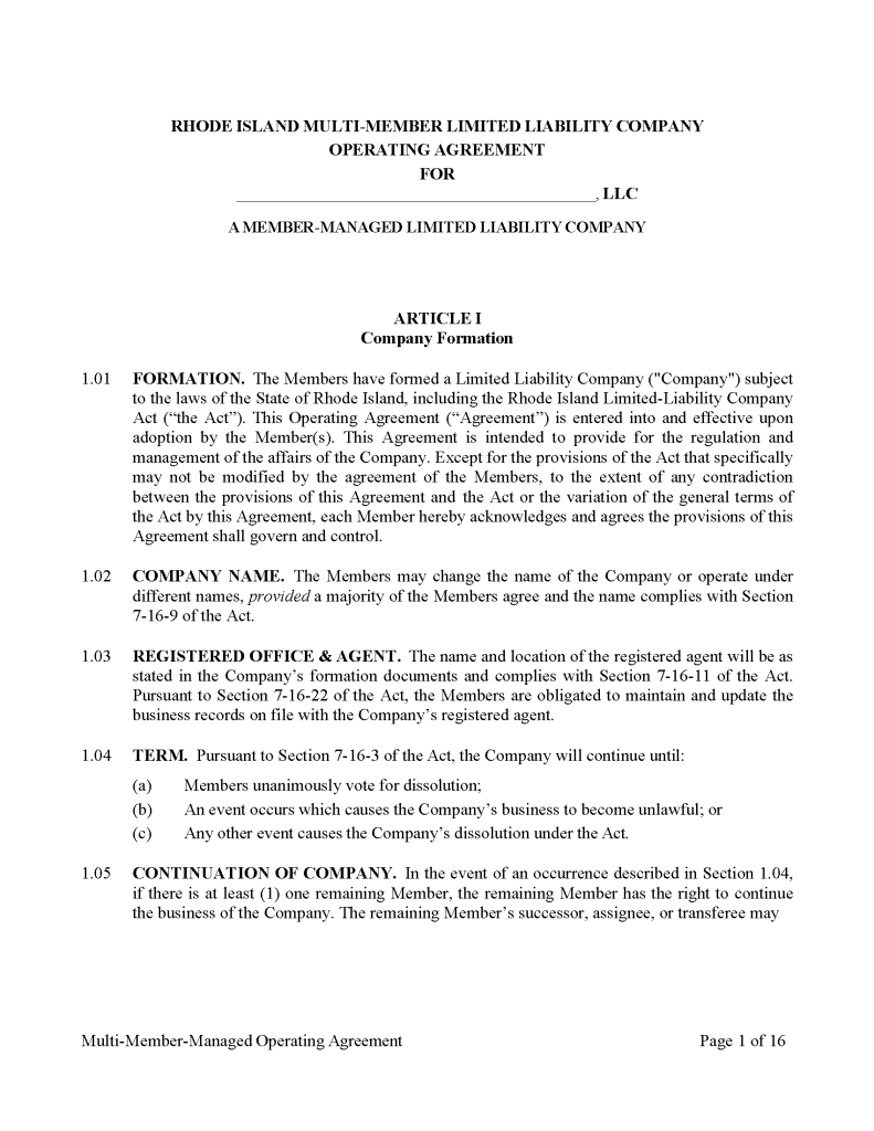 Free Rhode Island Multi-Member LLC Operating Agreement Templates (5 ...