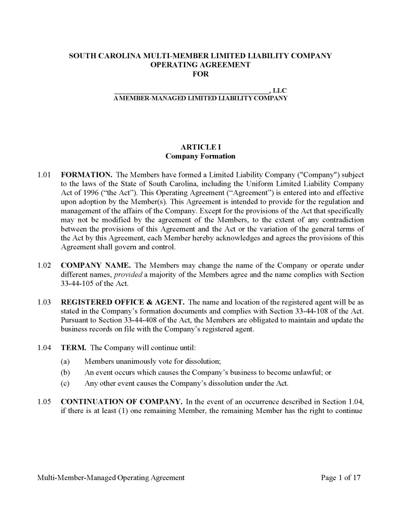 Free South Carolina Multi-Member LLC Operating Agreement Templates (5 ...