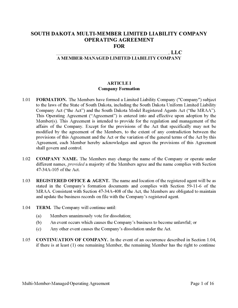 Free South Dakota Multi-Member LLC Operating Agreement Templates (5 ...