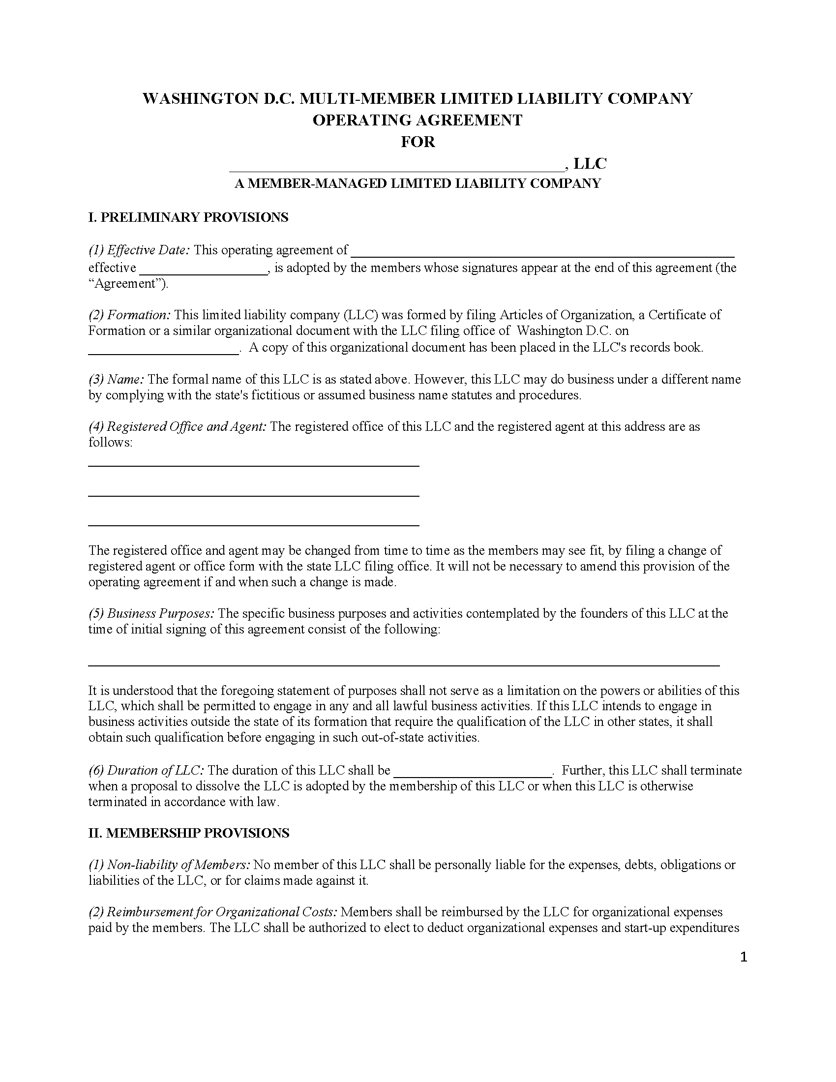 Free Washington D.C. Multi-Member LLC Operating Agreement Templates (5 ...