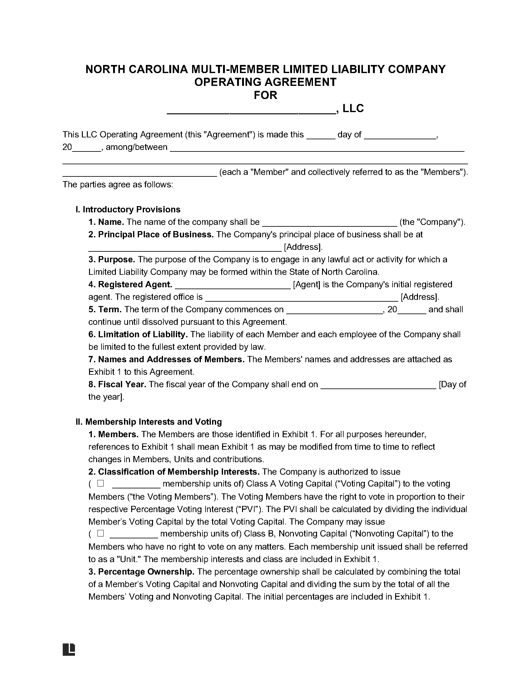 Free North Carolina Multi-Member LLC Operating Agreement Templates (5 ...