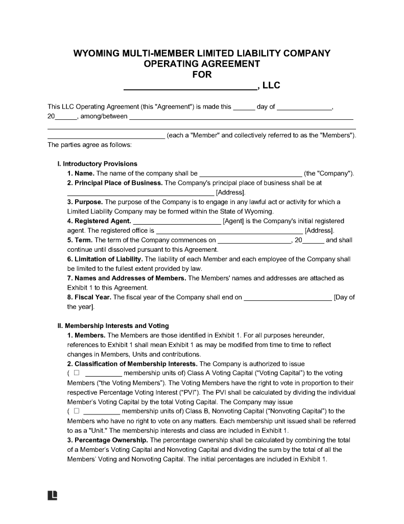 Free Wyoming Multi-Member LLC Operating Agreement Templates (5 ...
