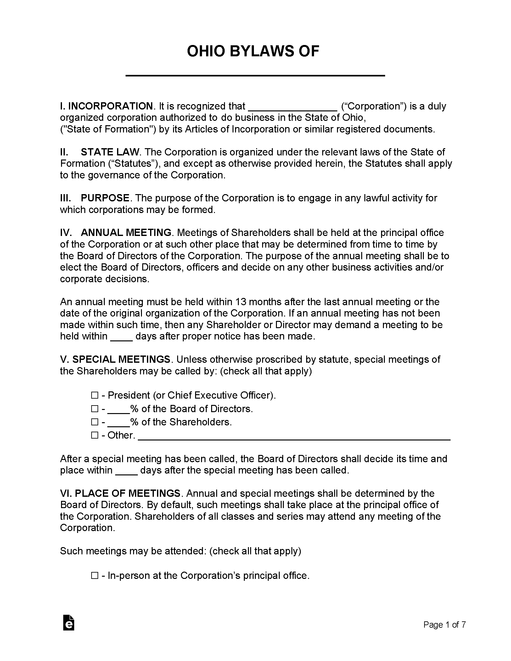 Free Ohio Corporate Bylaws Templates (5) - Secretary of State | PDF | WORD