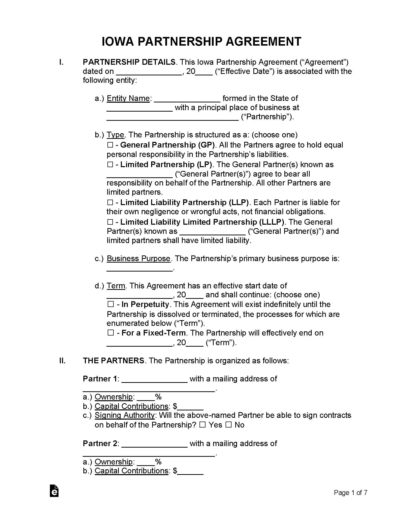 Free Iowa Partnership Agreement Templates (6) - Secretary of State ...