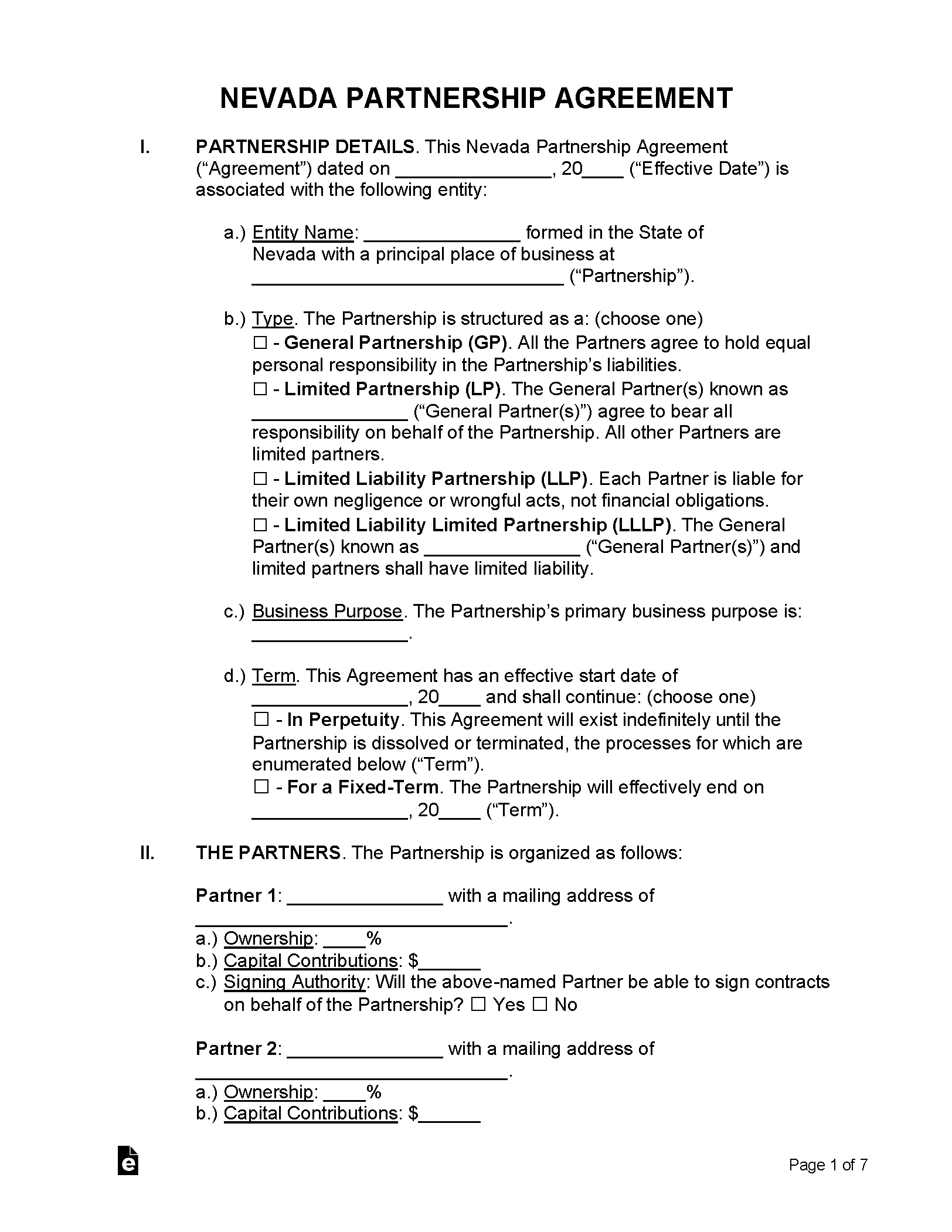 Free Nevada Partnership Agreement Templates (6) - Secretary of State ...