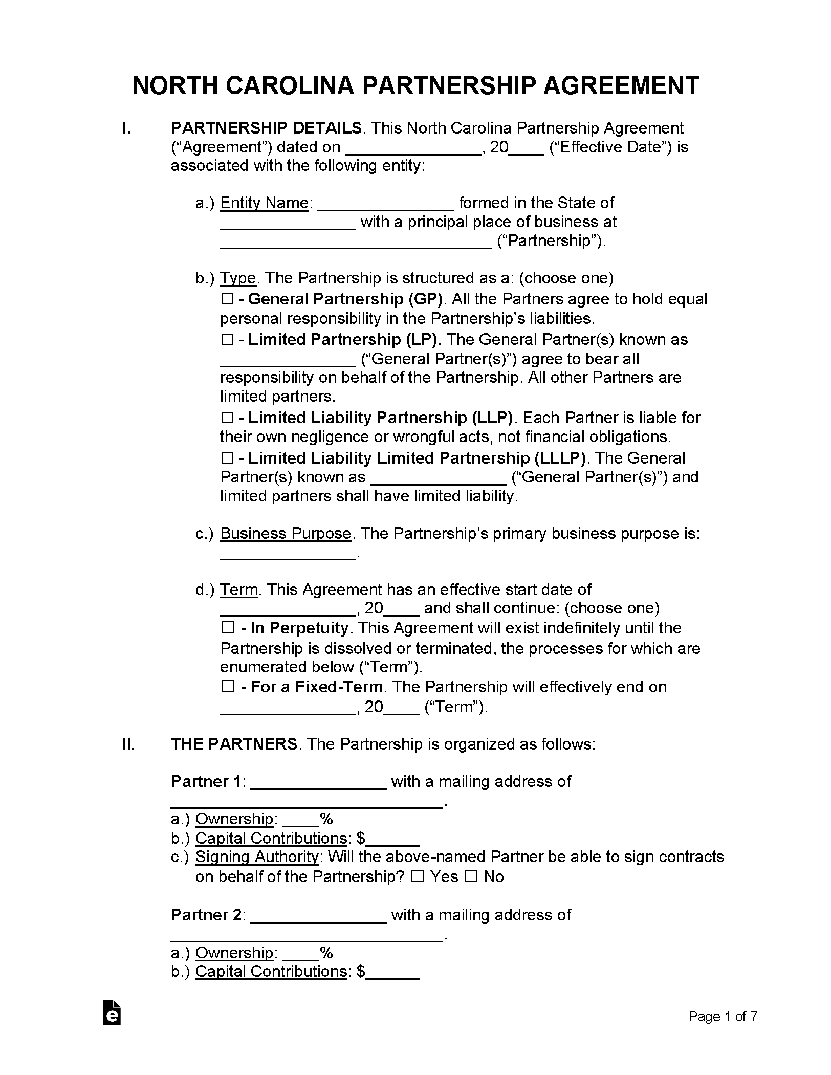 Free North Carolina Partnership Agreement Templates (6) - Secretary of ...